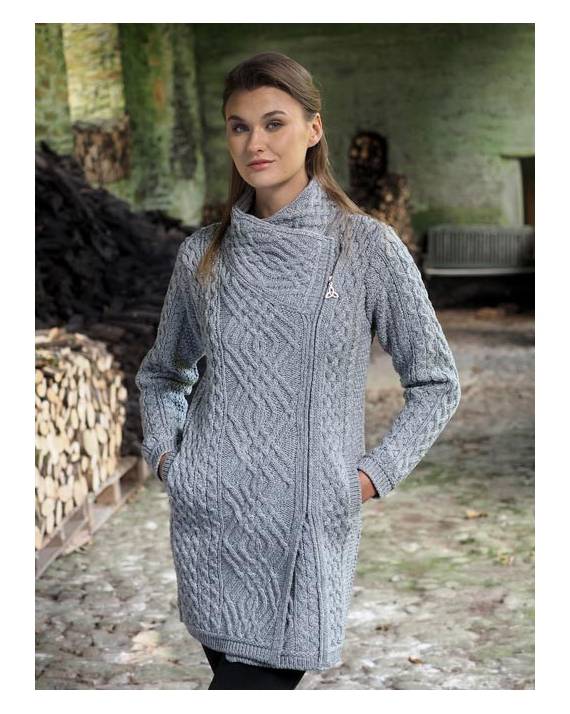 Grey-cable-knit-side-zip-coat-z4631 - Aran Islands Sweaters